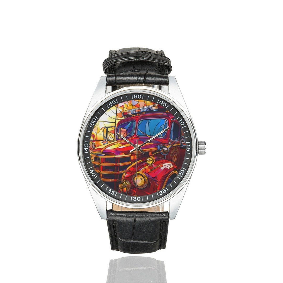 Stained Glass Fire Truck Watch With Black Leather Band, Watches for Men ...