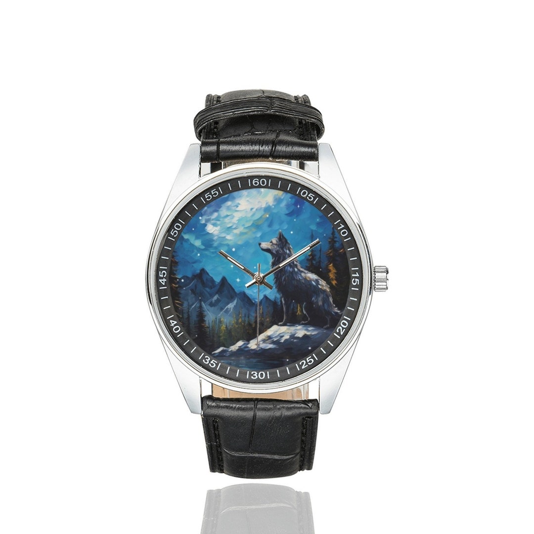 Starry Night Wolf Watch: Black Leather Band, Men's & Women's Timepiece ...