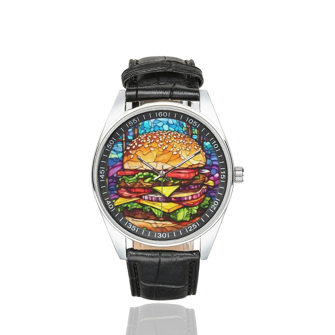 Stained Glass Burger Watch With Black Leather Band, Watches for Men and ...
