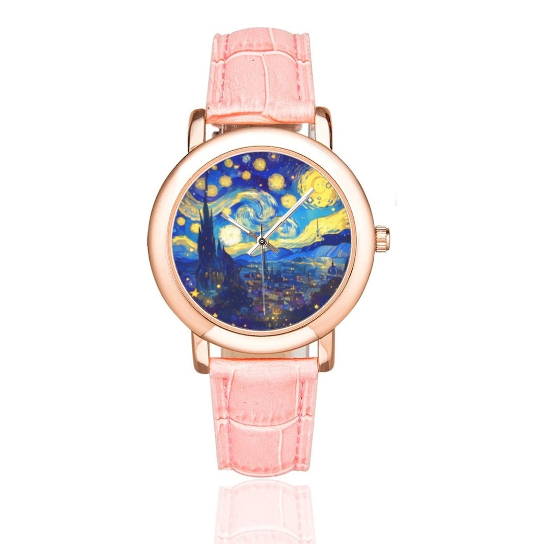 Stained Glass Starry Night Watch With Rose Gold Plated Bezel and Pink ...