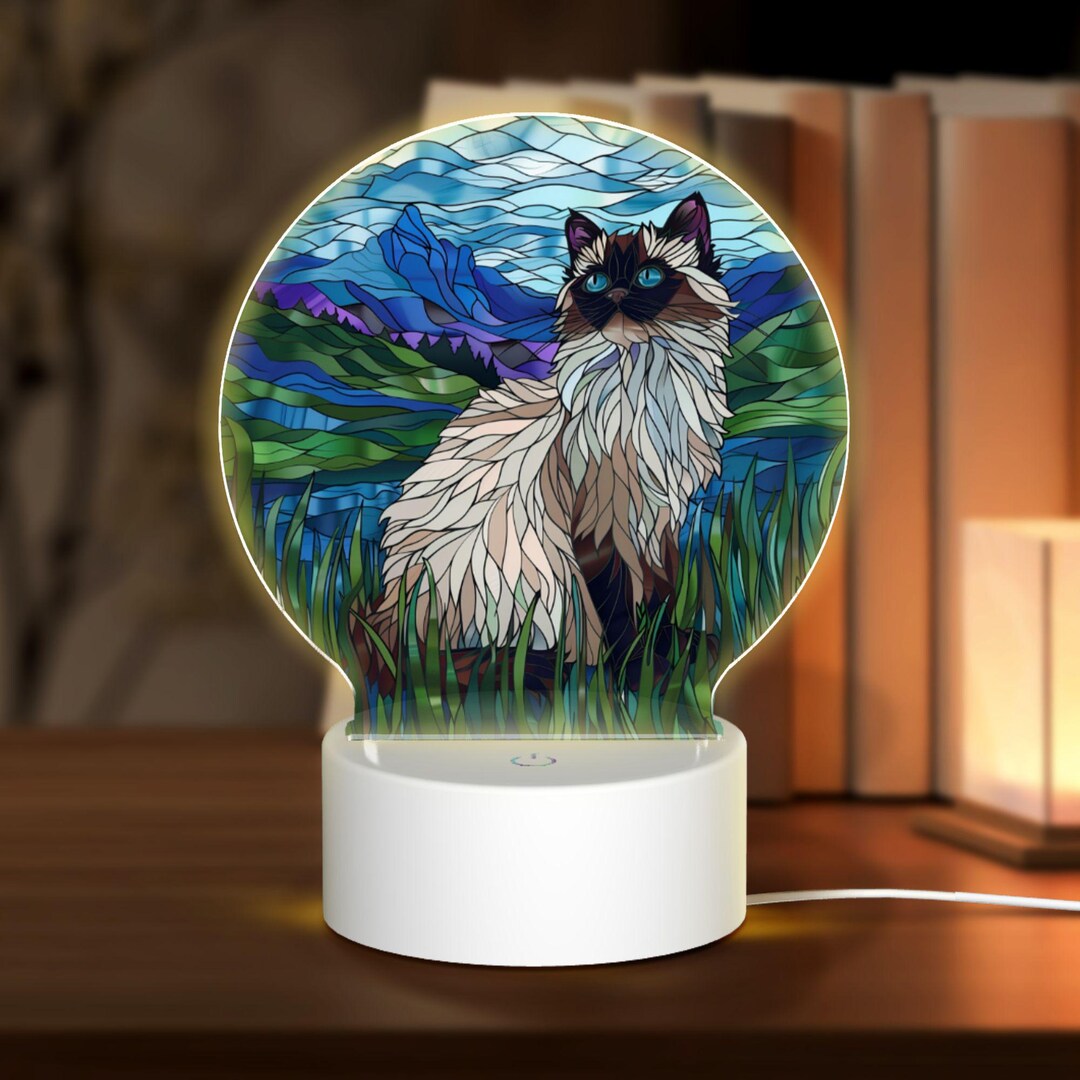 Round Shaped Acrylic Panel Stained Glass Himalayan Cat Night Light ...