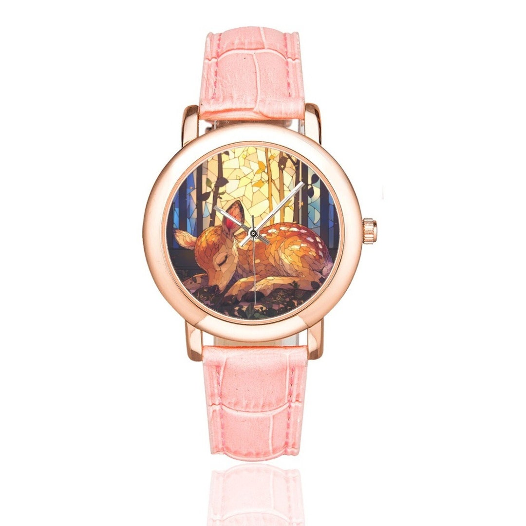 Cute Baby Deer Watch With Rose Gold Plated Bezel and Pink Leather Band ...
