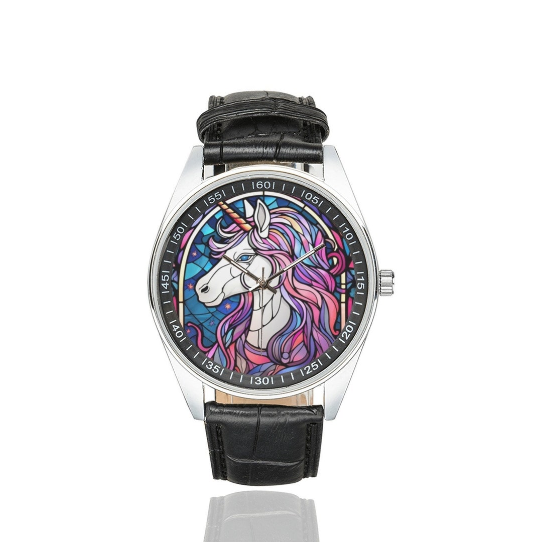 Stained Glass Unicorn Watch With Black Leather Band, Watches for Men ...