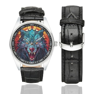 Stained Glass Werewolf Watch With Black Leather Band, Watches for Men ...
