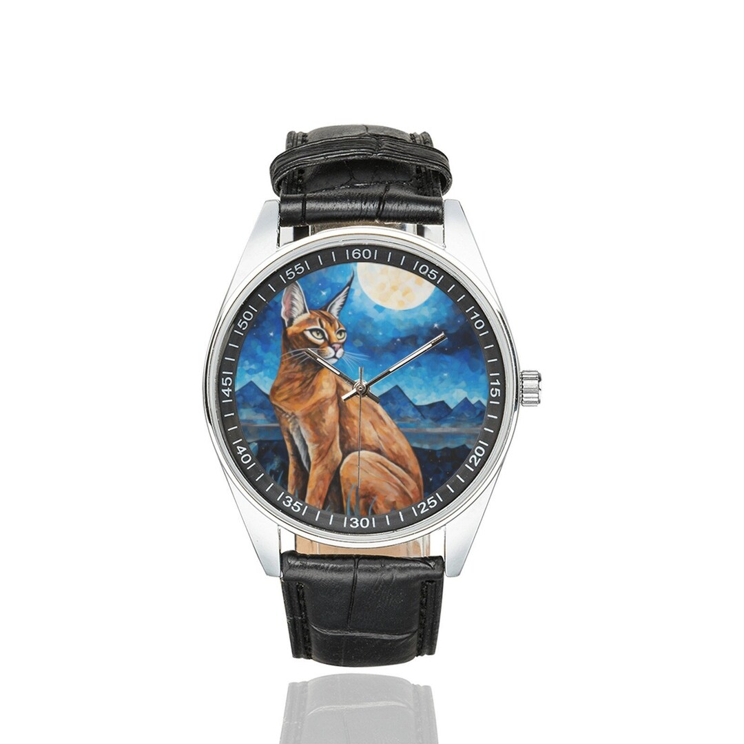 Starry Night Caracal Watch With Black Leather Band, Watches for Men and ...