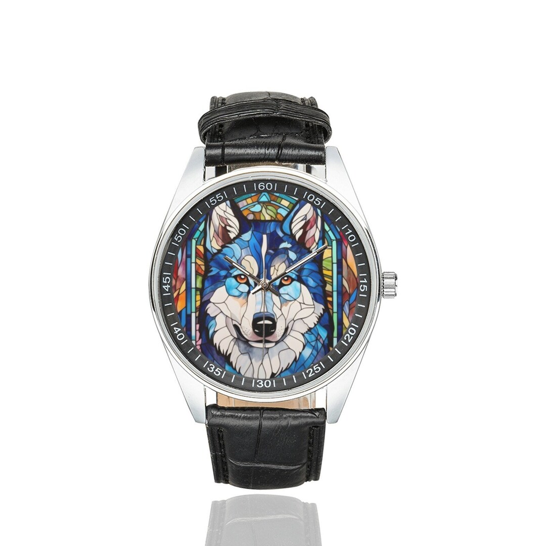 Stained Glass Siberian Husky Watch With Black Leather Band, Watches for ...
