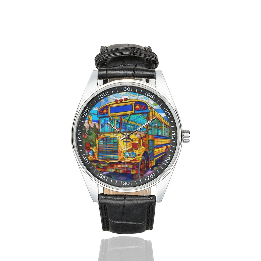 Stained Glass School Bus Watch With Black Leather Band, Watches for Men ...