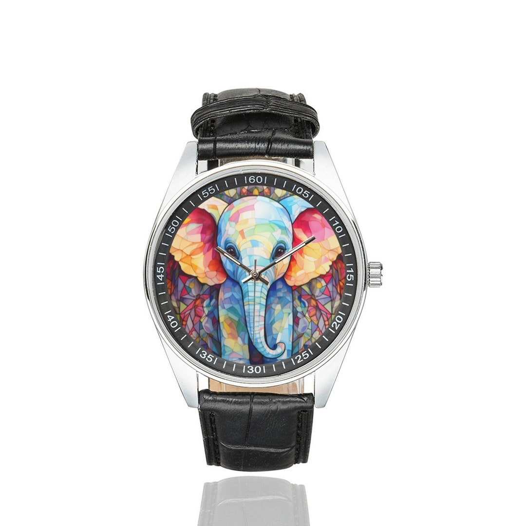 Stained Glass Baby Elephant Watch With Black Leather Band, Watches for ...