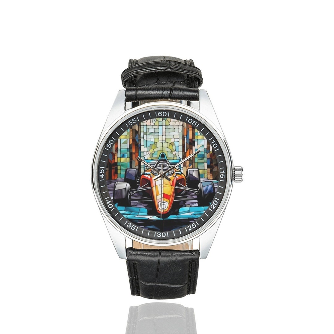 Stained Glass Formula One Car Watch With Black Leather Band, Watches ...