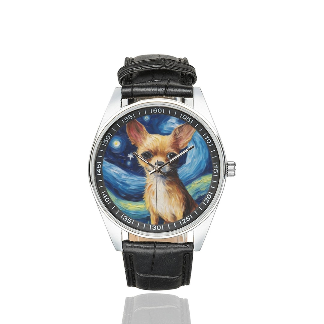 Starry Night Chihuahua Watch With Black Leather Band, Watches for Men ...