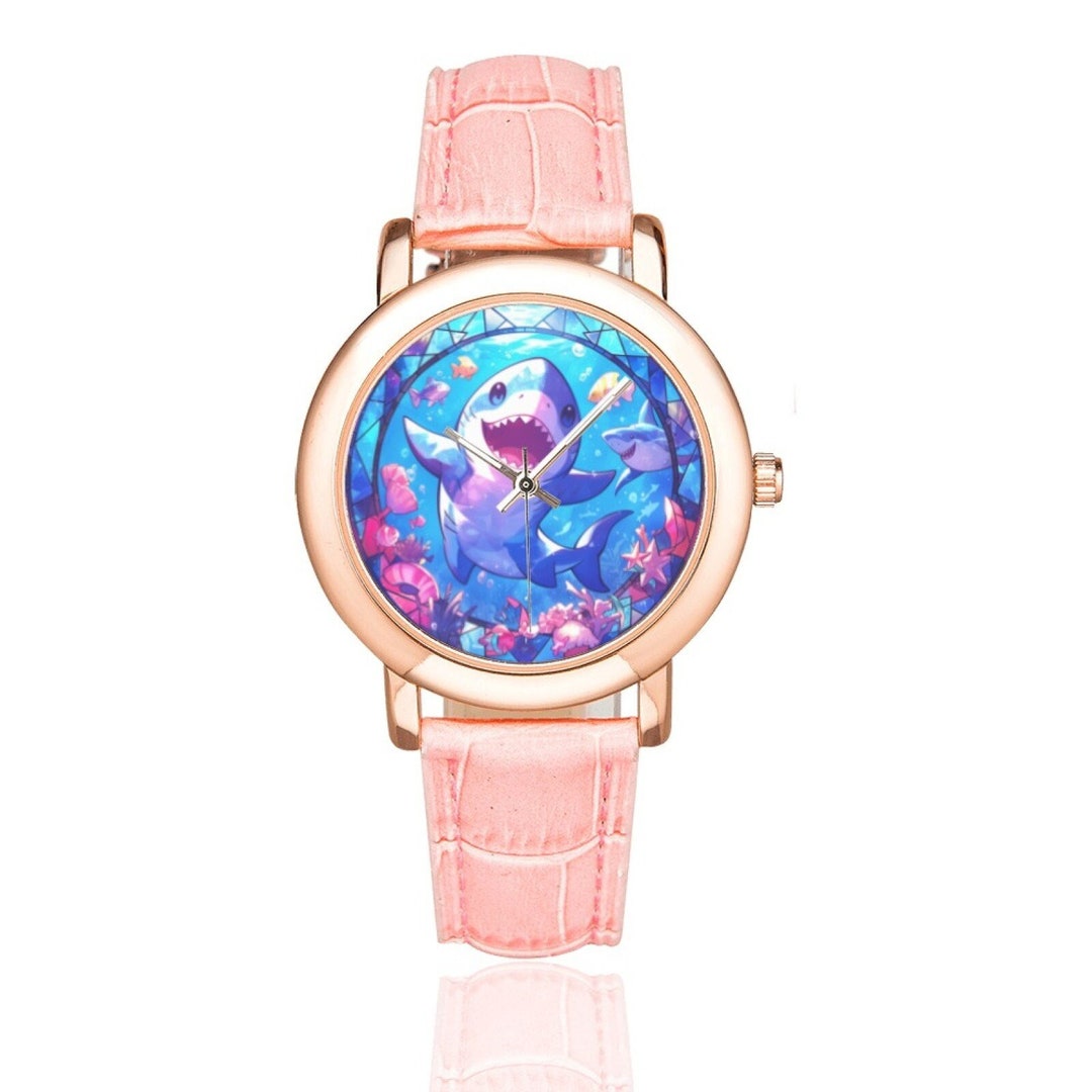 Cute Shark Watch With Rose Gold Plated Bezel and Pink Leather Band ...