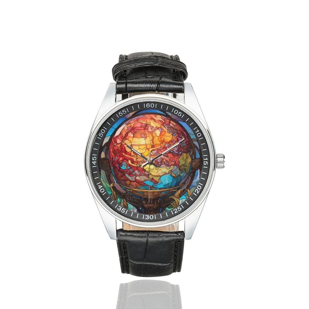 Stained Glass Globe Watch: Black Leather Band, Silver-tone Case - Etsy