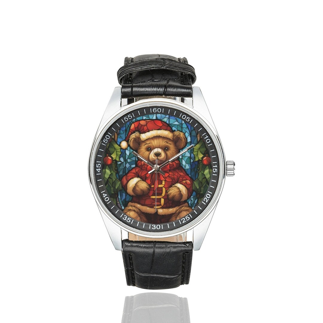 Stained Glass Christmas Teddy Watch With Black Leather Band, Watches ...