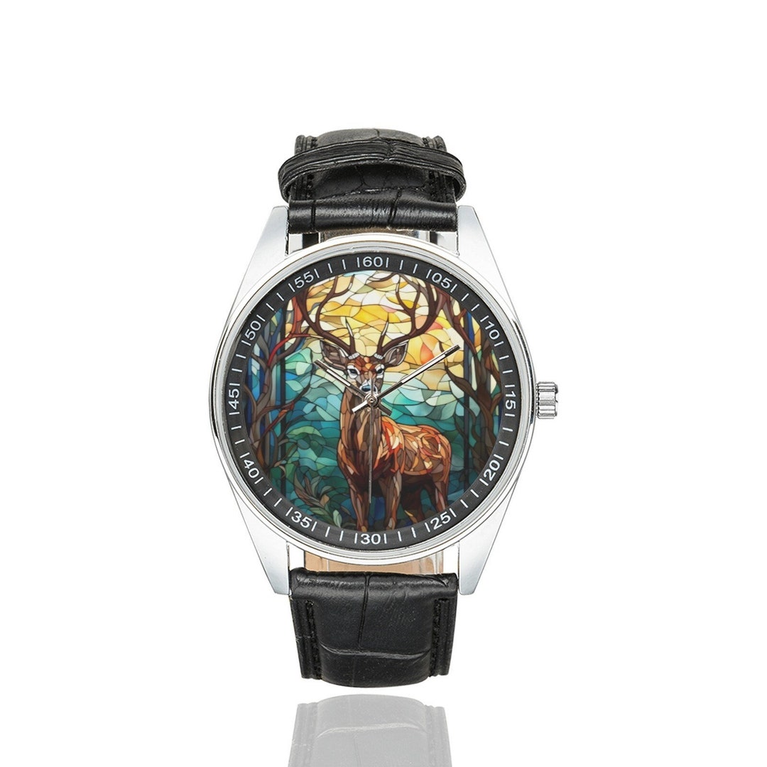 Stained Glass Deer Watch: Black Leather Band, Unisex Timepiece - Etsy