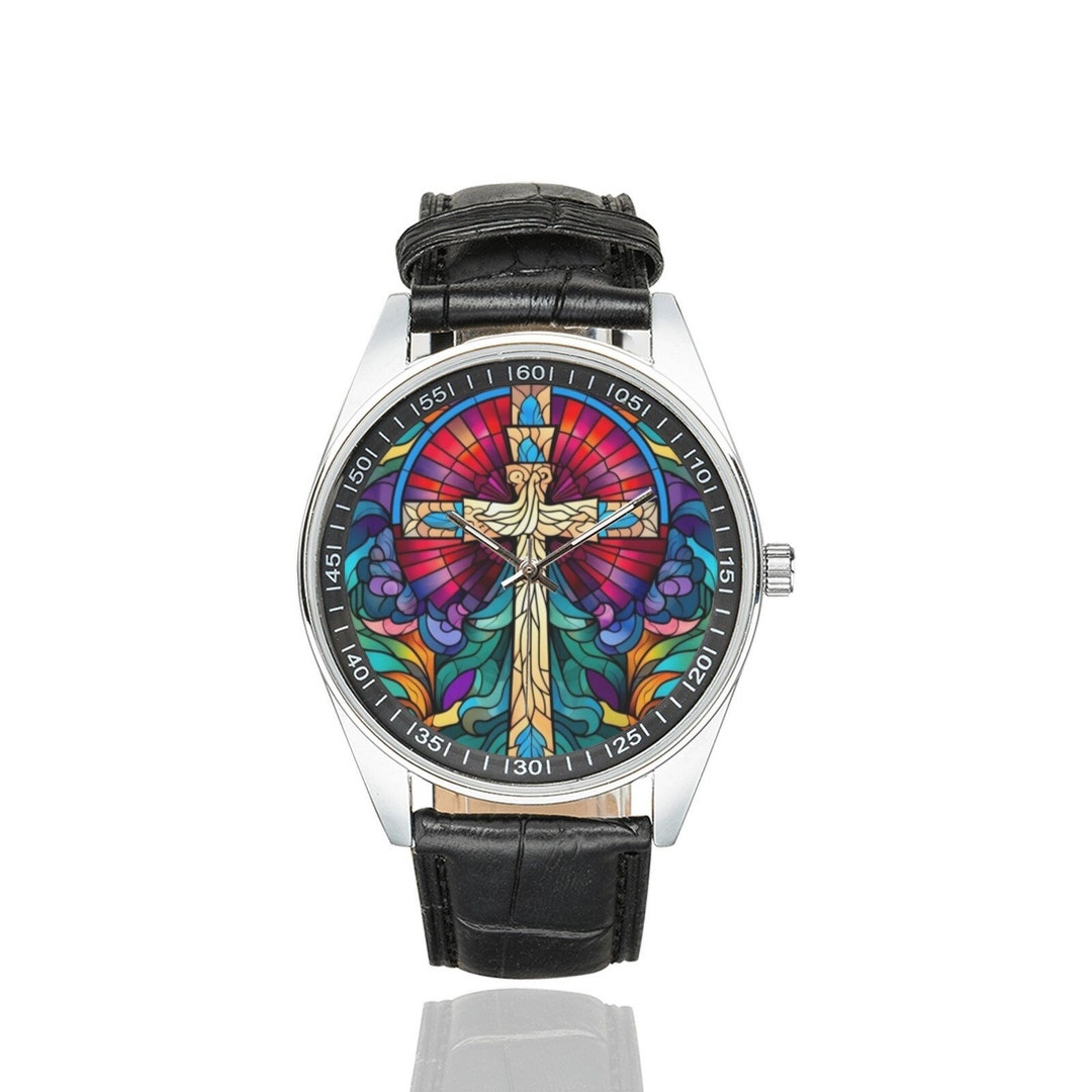 Stained Glass Cross Watch: Black Leather Band, Christian Gift - Etsy
