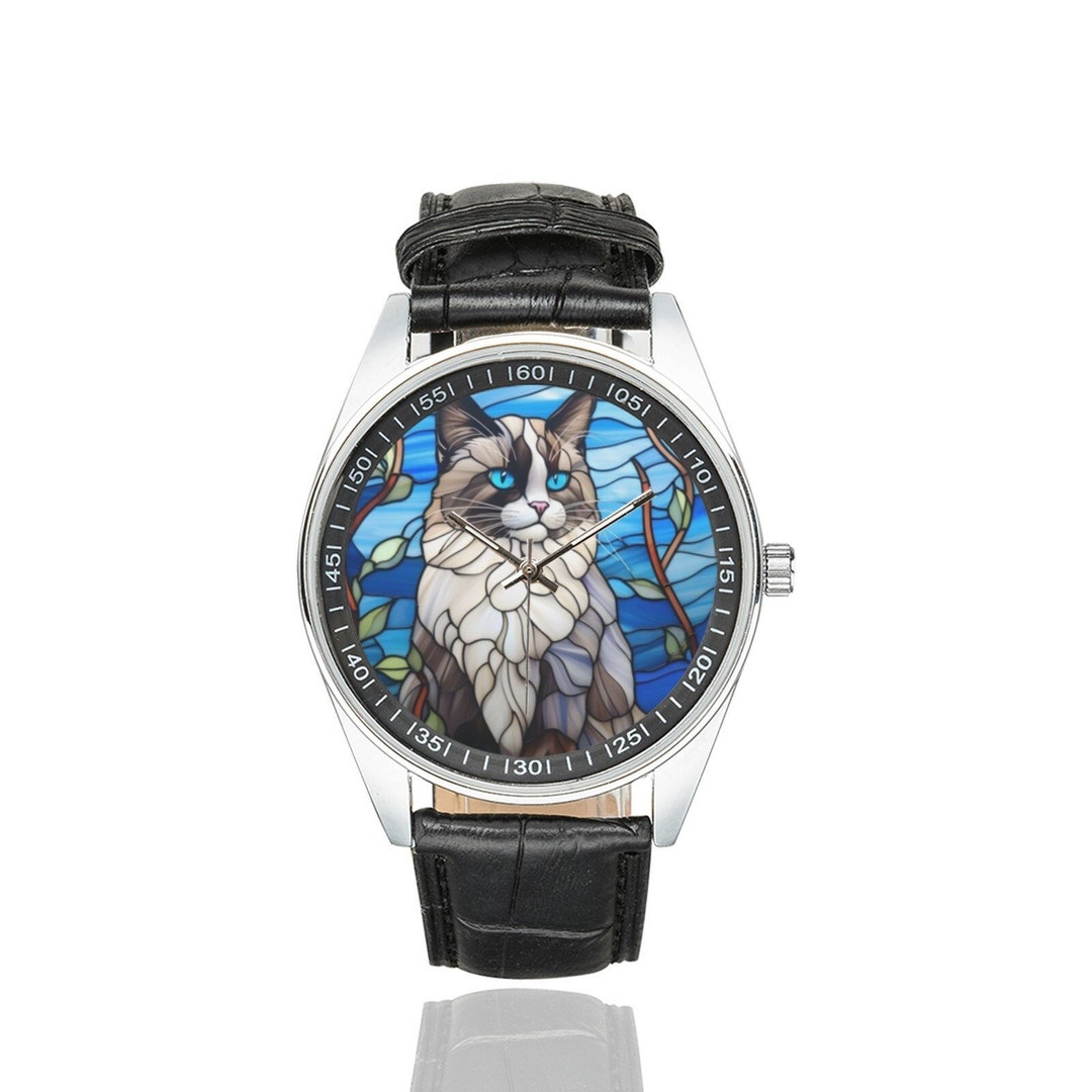 Stained Glass Ragdoll Cat Watch With Black Leather Band, Watches for ...