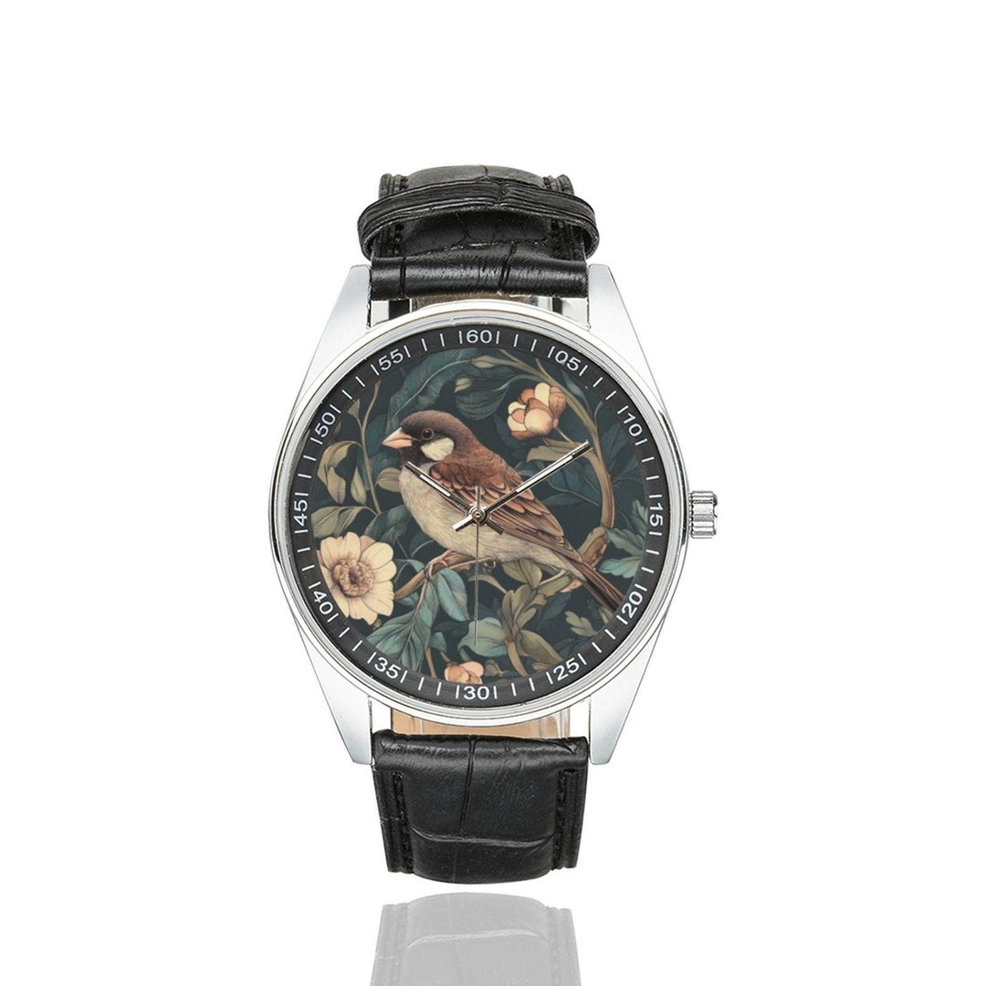 Floral Sparrow Watch: Vintage Style Black Leather Band - Etsy