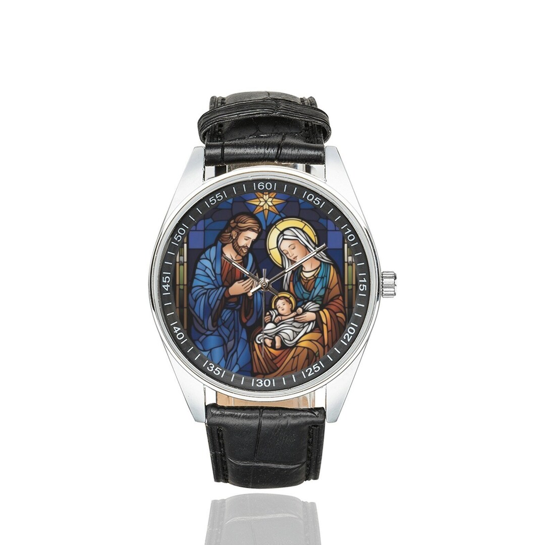 Stained Glass Nativity Watch: Black Leather Band, Christian Gift - Etsy