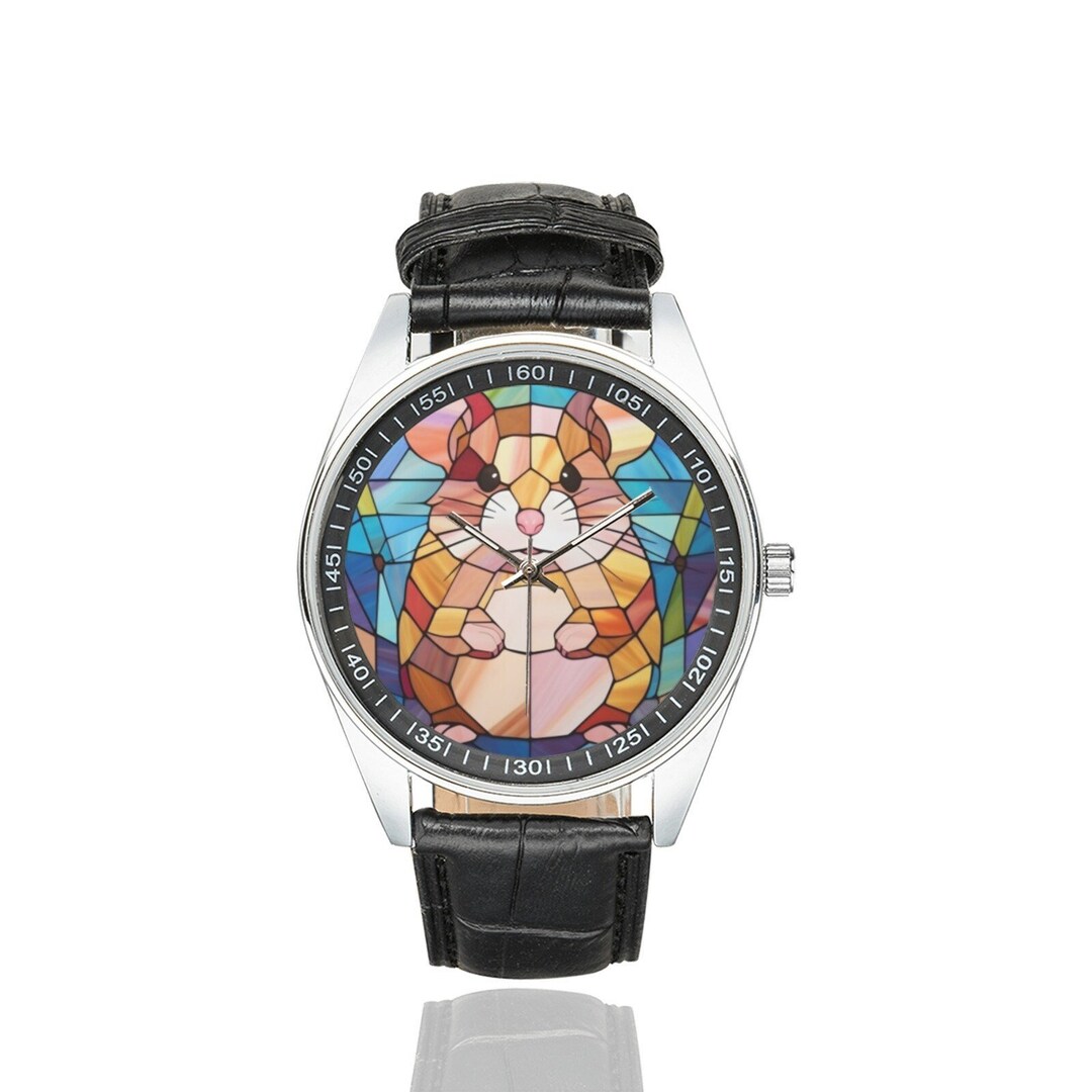 Stained Glass Hamster Watch With Black Leather Band, Watches for Men ...