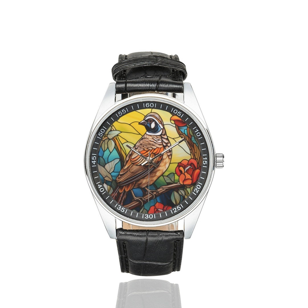 Stained Glass Quail Watch With Black Leather Band, Watches for Men and ...