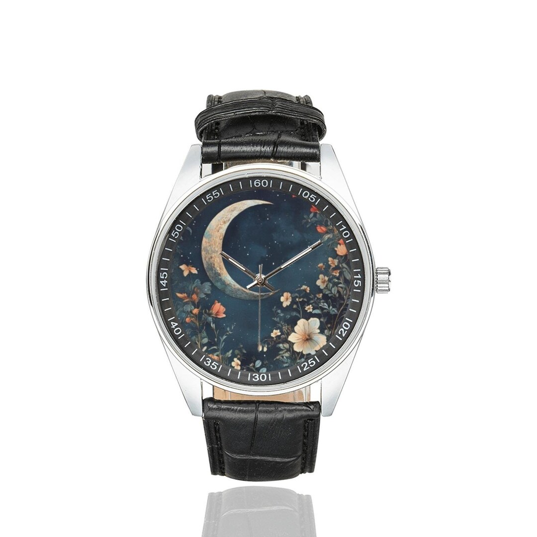 Floral Vintage Crescent Moon Watch With Black Leather Band, Watches for ...