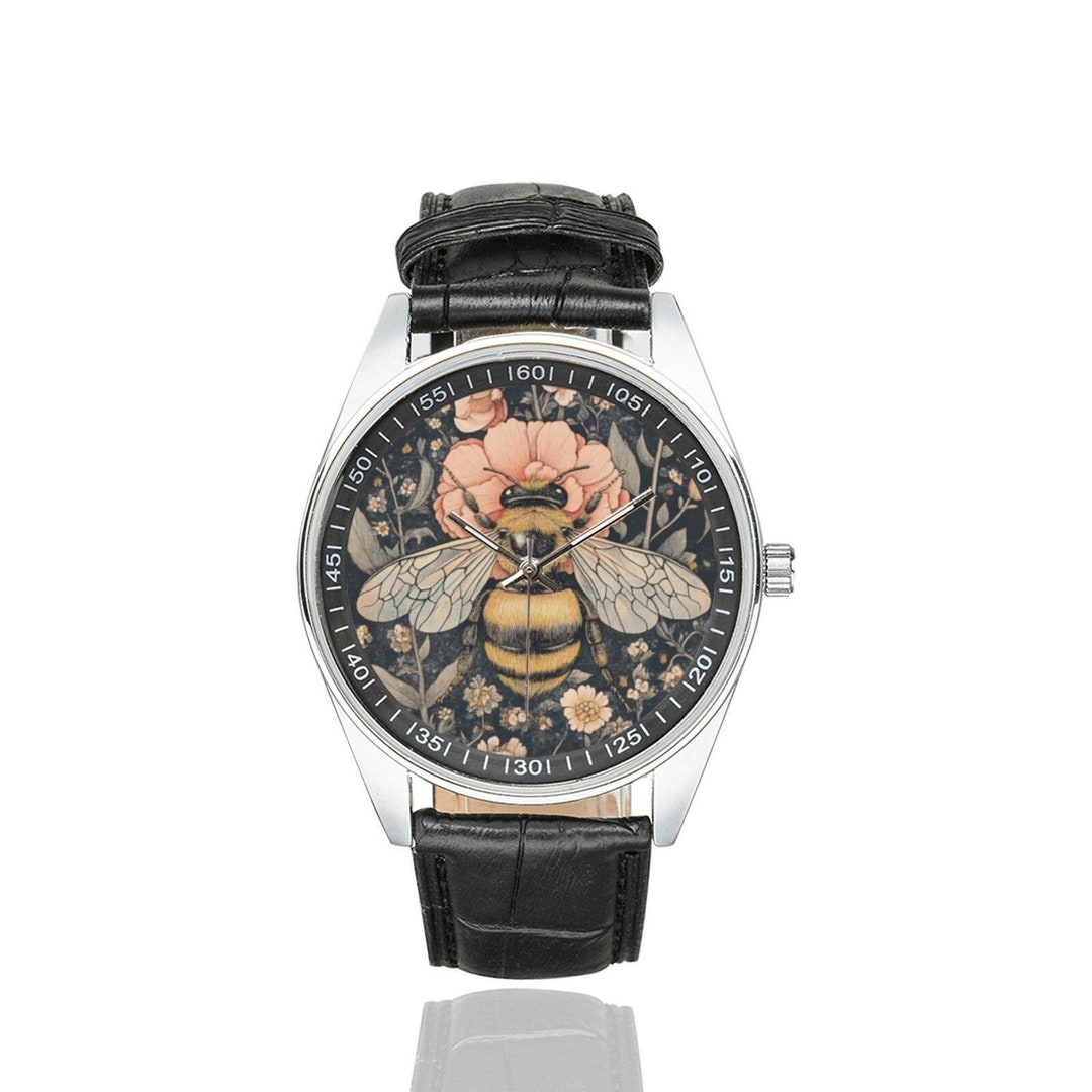 Floral Vintage Bee Watch With Black Leather Band, Watches for Men and ...
