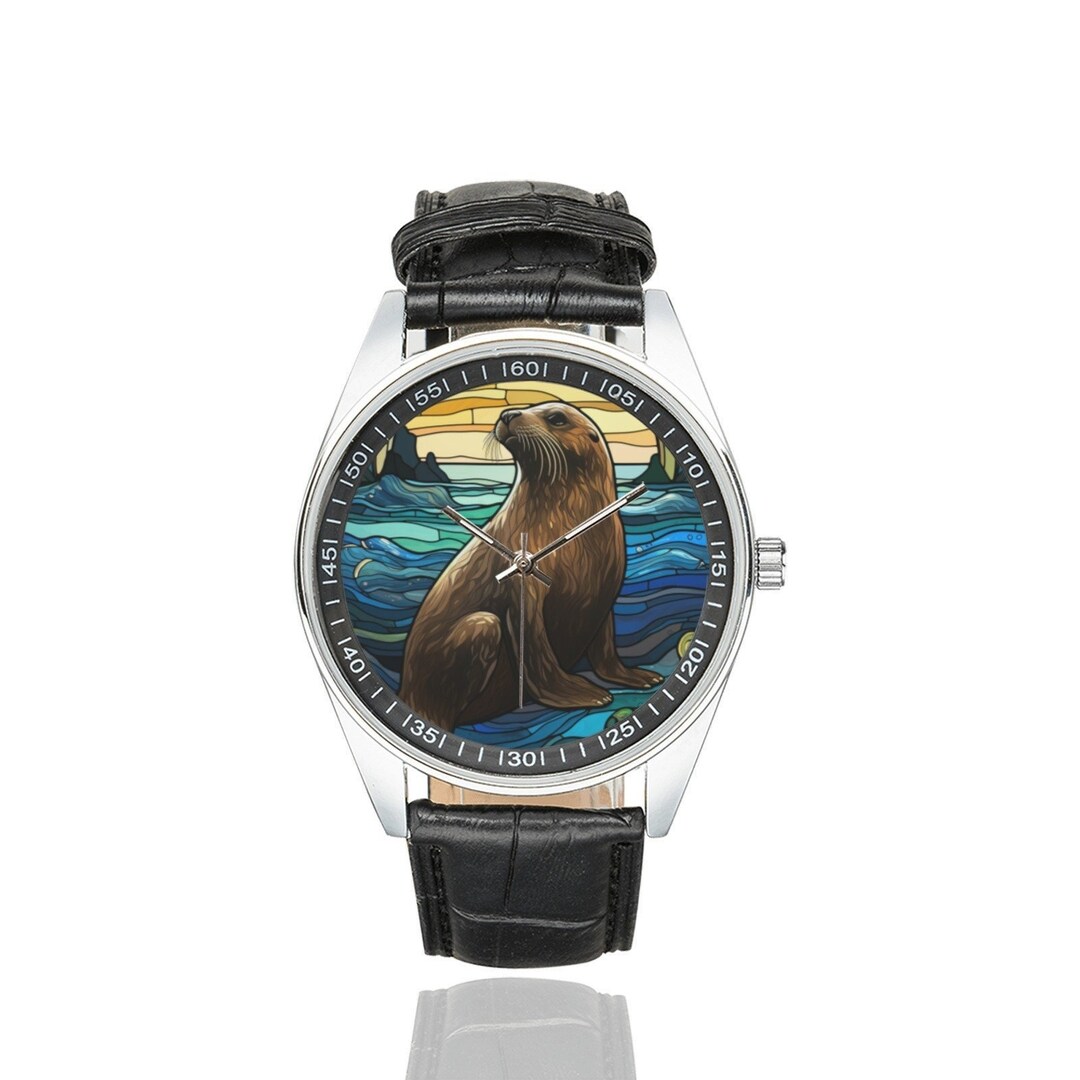 Stained Glass Sea Lion Watch With Black Leather Band, Watches for Men ...