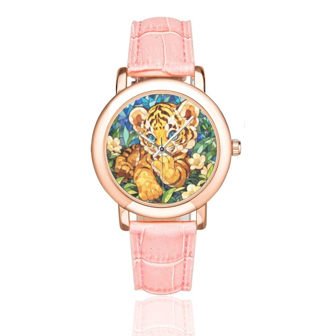 Cute Baby Tiger Watch With Rose Gold Plated Bezel and Pink Leather Band ...