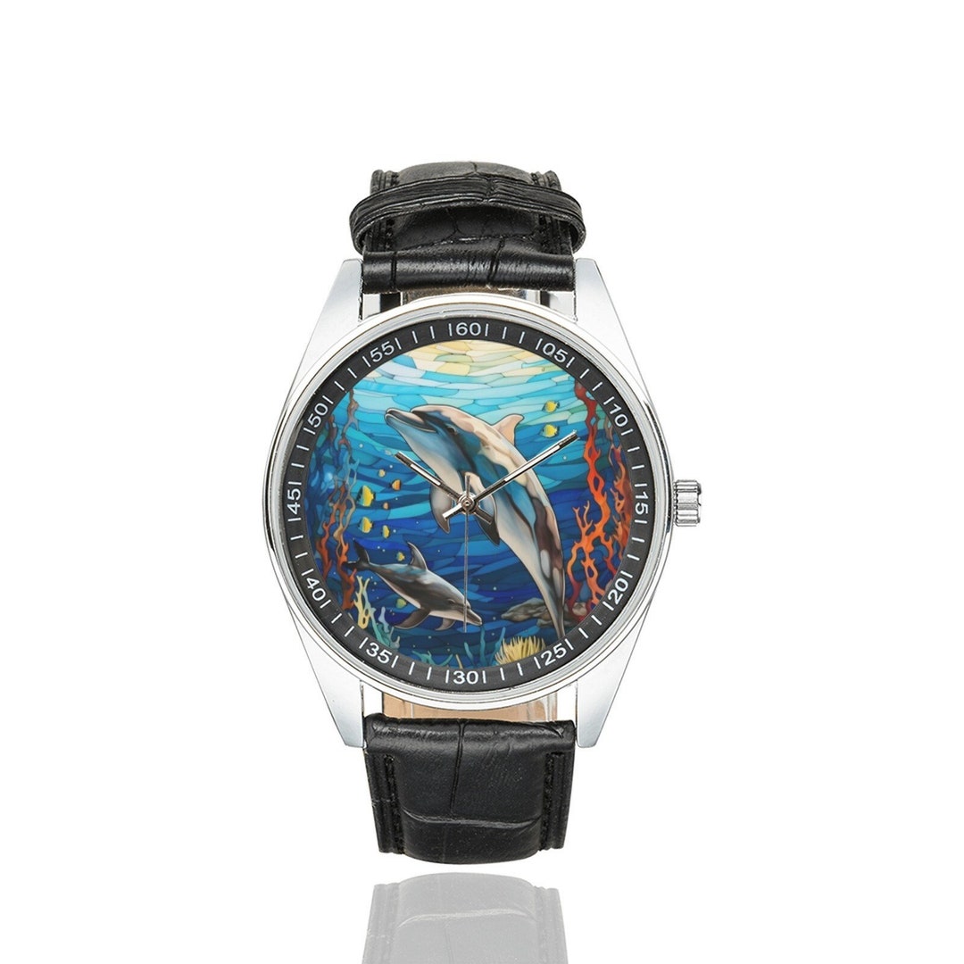 Stained Glass Dolphin Watch With Black Leather Band, Watches for Men ...