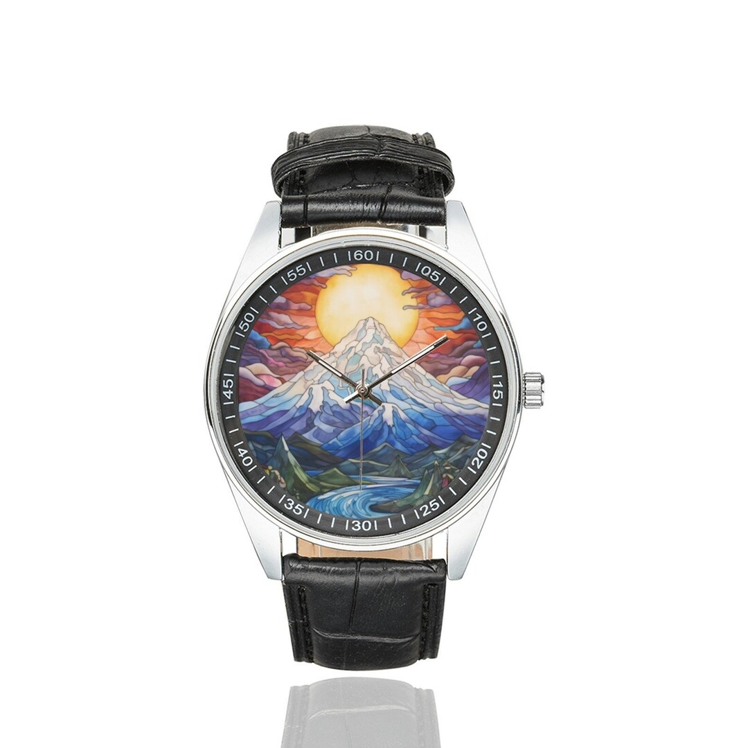 Stained Glass Mount Fuji Watch With Black Leather Band, Watches for Men ...