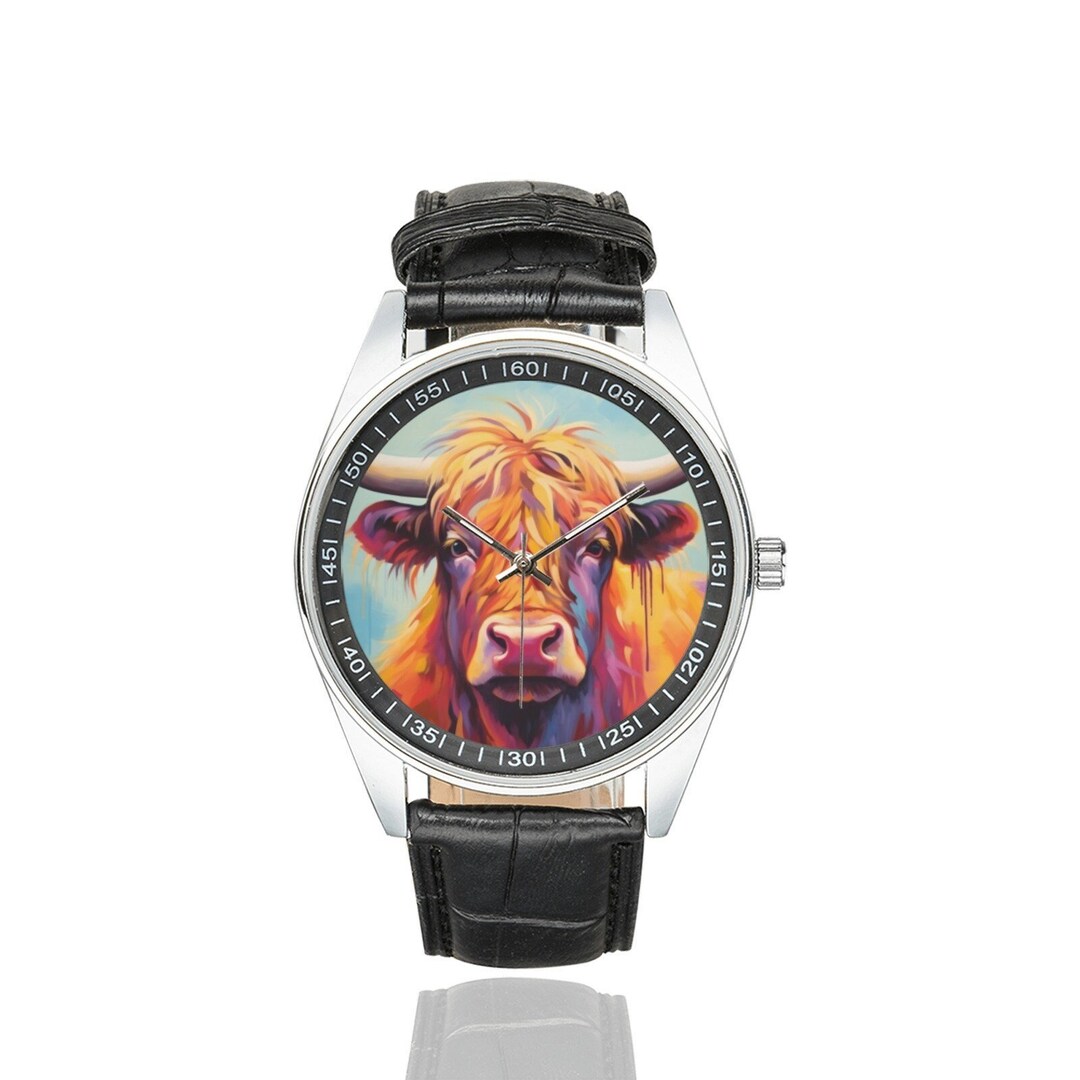 Modernist Highland Cow Watch With Black Leather Band, Watches for Men ...