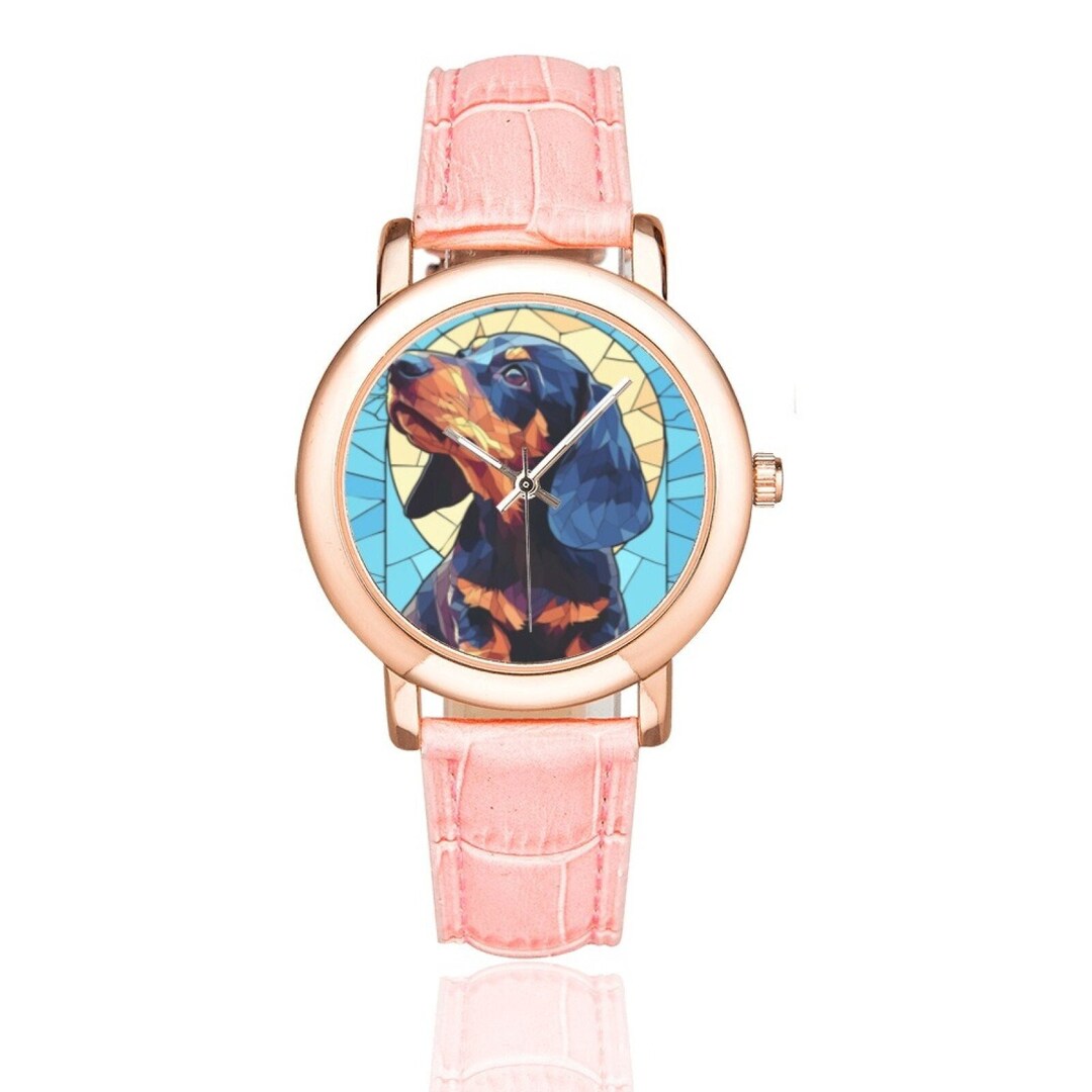 Cute Dachshund Watch With Rose Gold Plated Bezel and Pink Leather Band ...