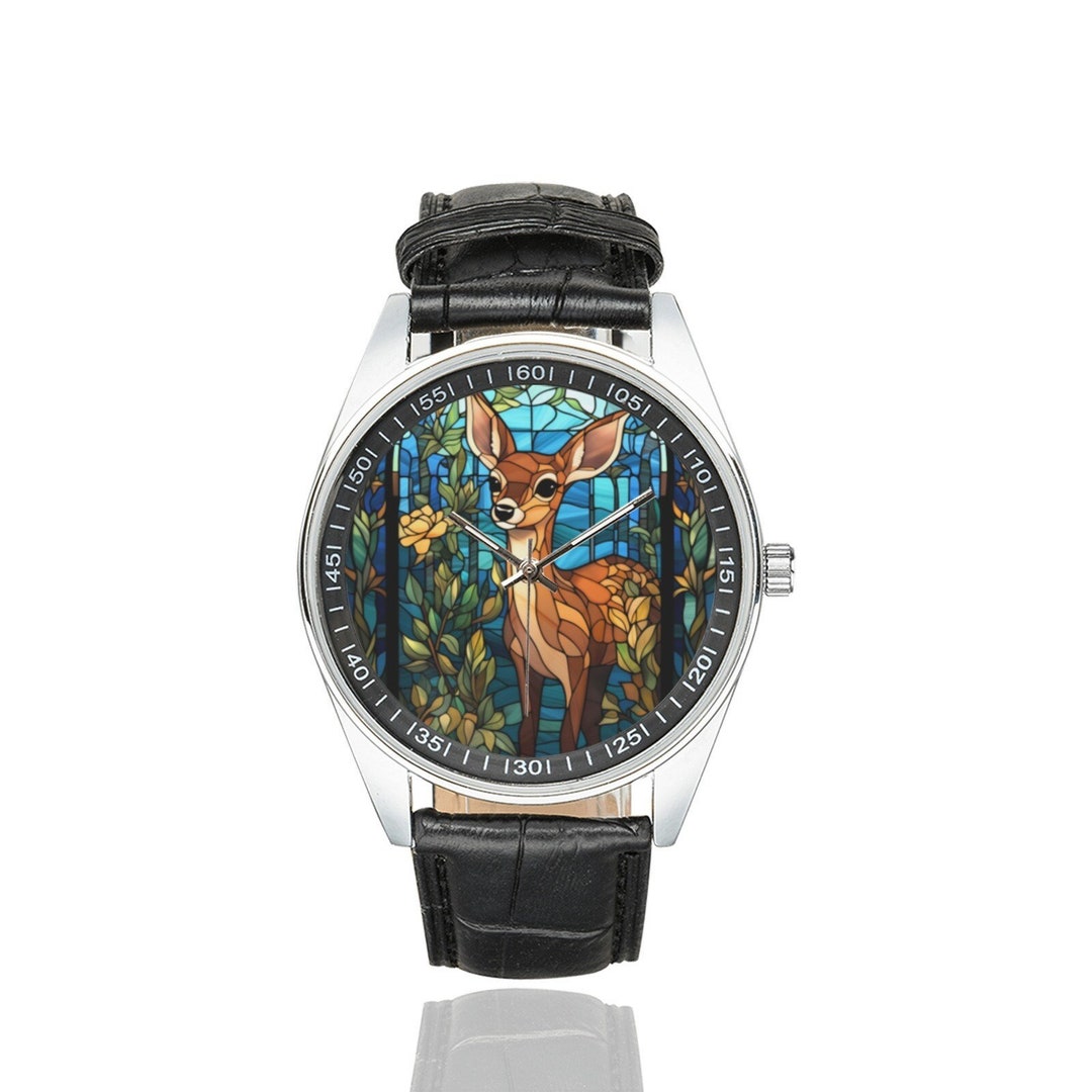 Stained Glass Bambi Watch With Black Leather Band, Watches for Men and ...