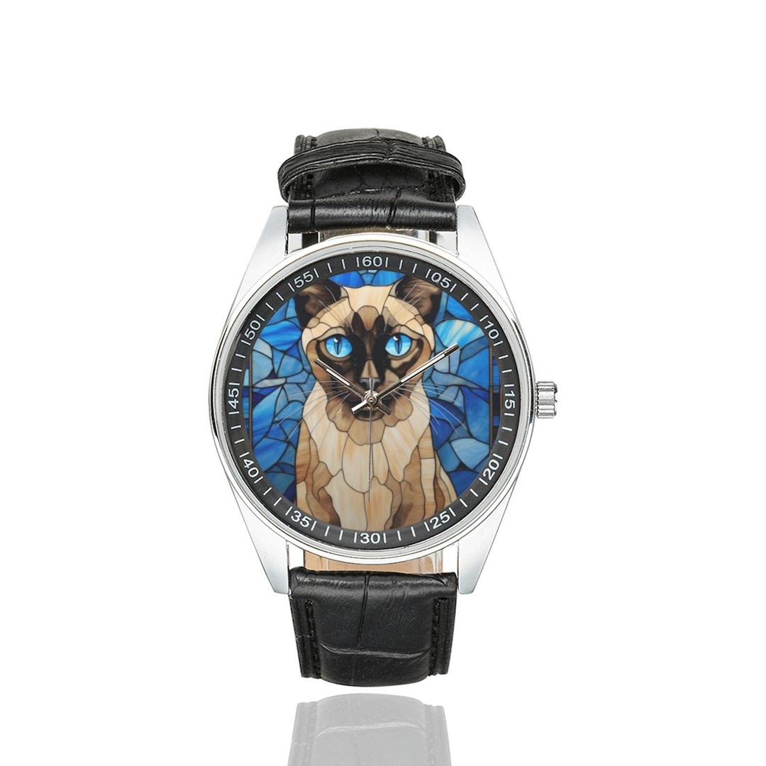 Stained Glass Siamese Cat Watch With Black Leather Band, Watches for ...