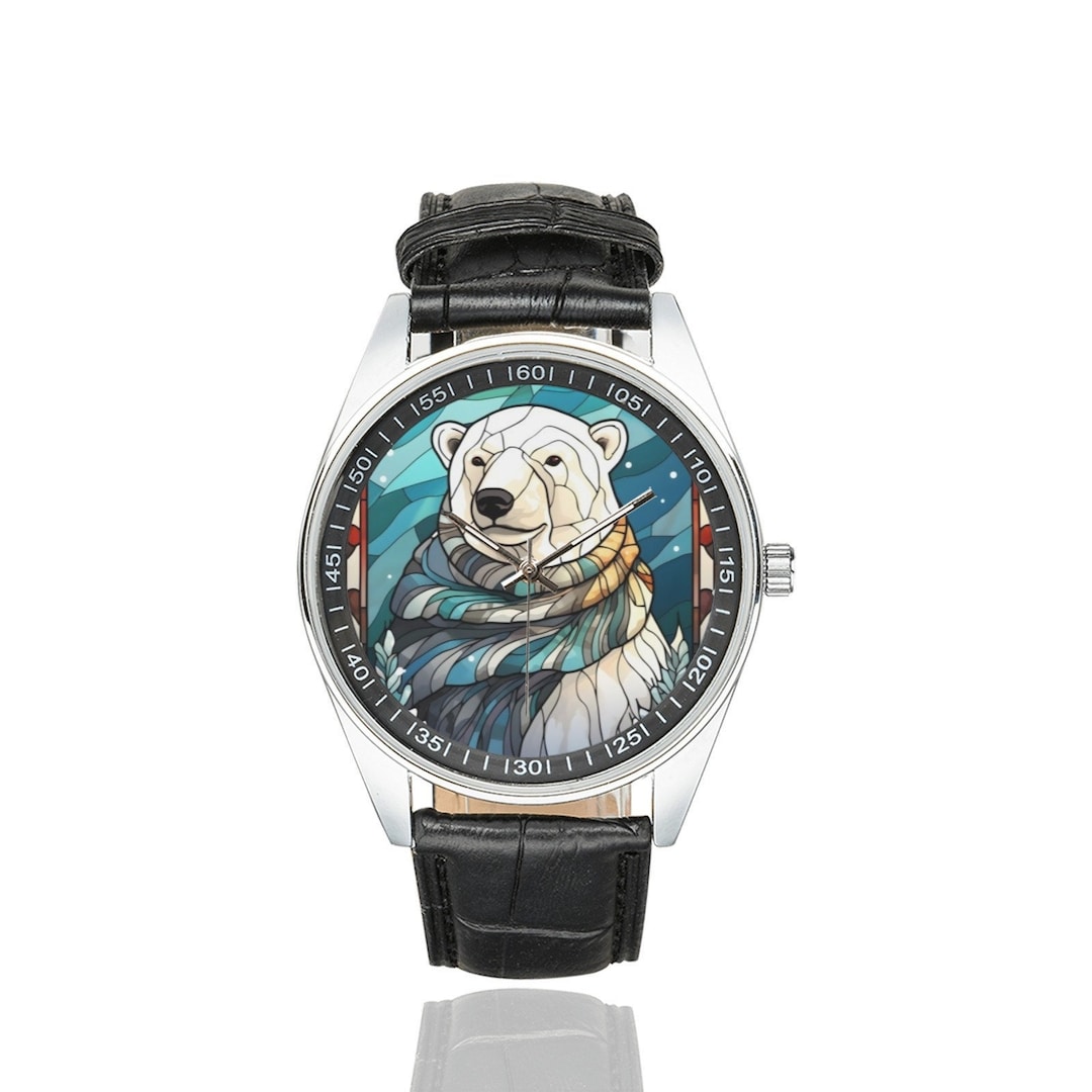 Stained Glass Chirstmas Polar Bear Watch With Black Leather Band ...