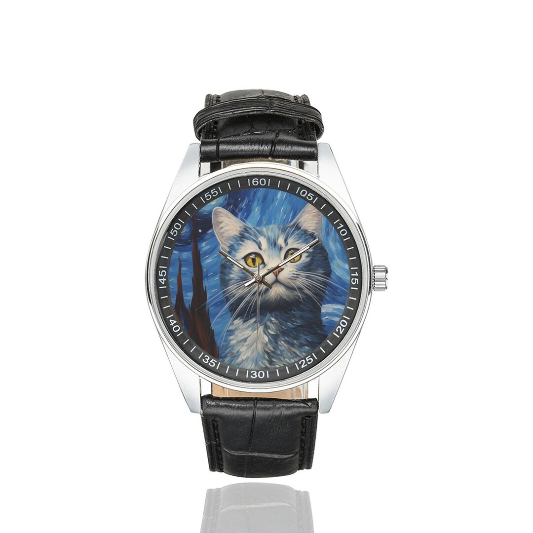 Starry Night American Short Hair Cat Watch With Black Leather Band ...