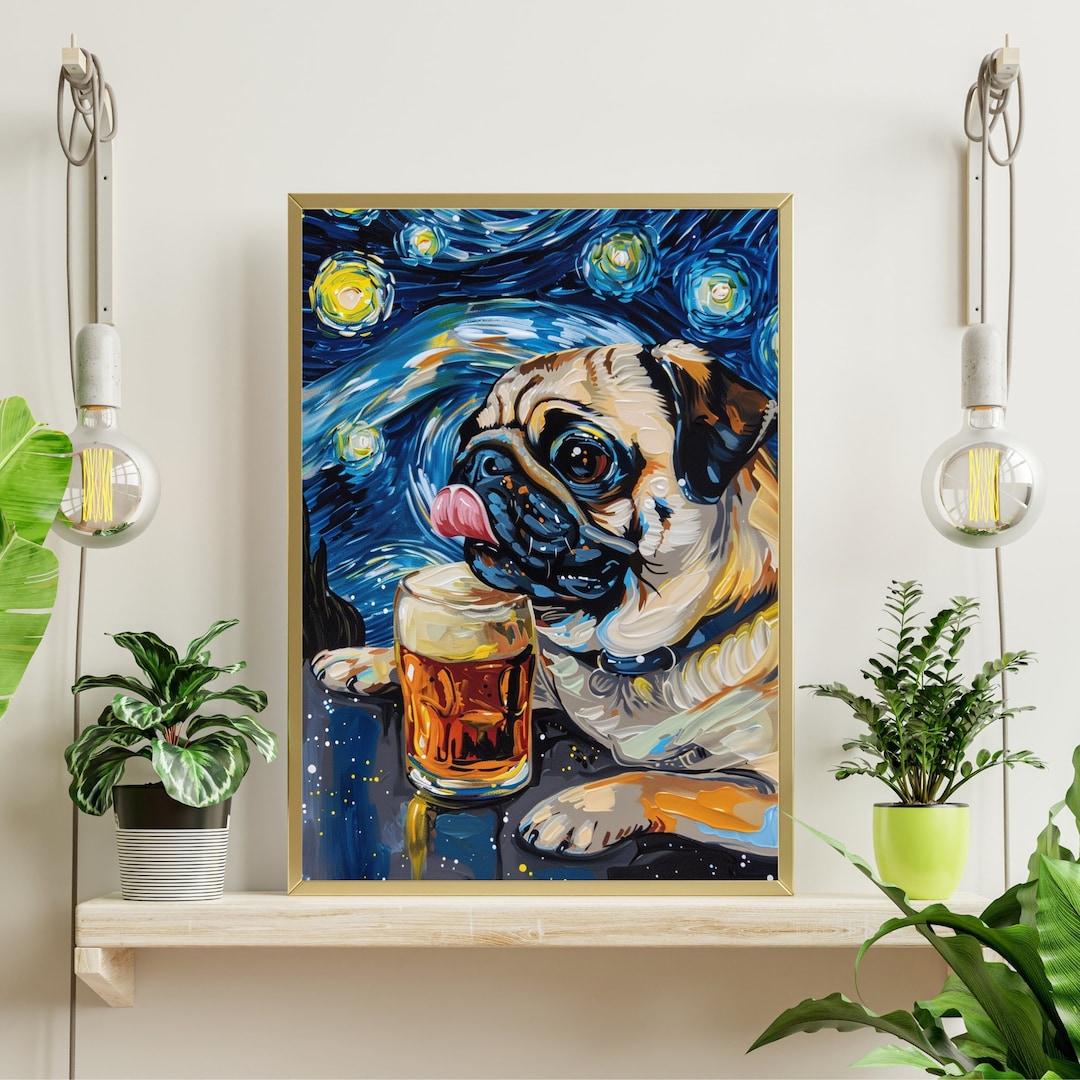 Starry Night Pug Drinking Beer Jigsaw Puzzle 300/500/1000 Piece ...