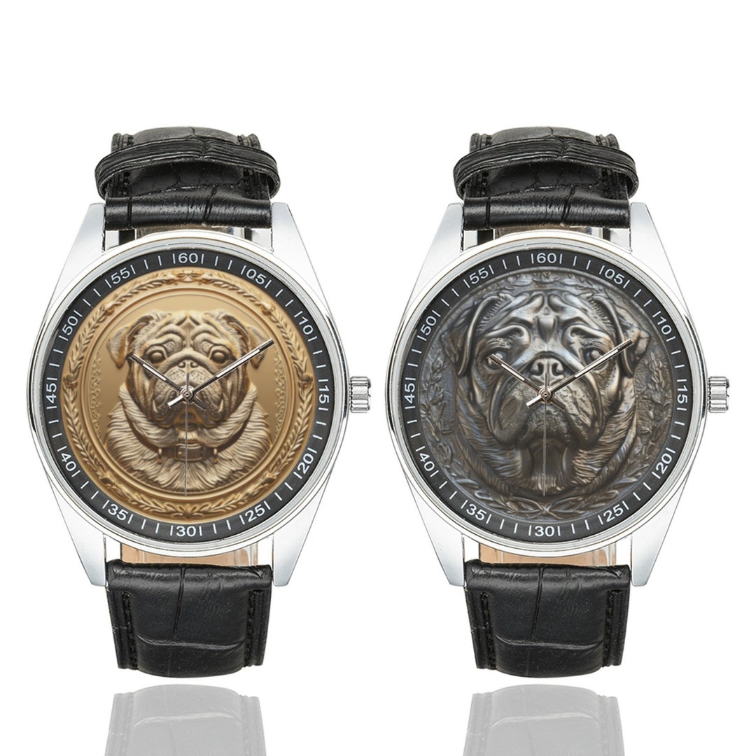 Gold and Silver Medal Pug Watch With Black Leather Band, Coin ...