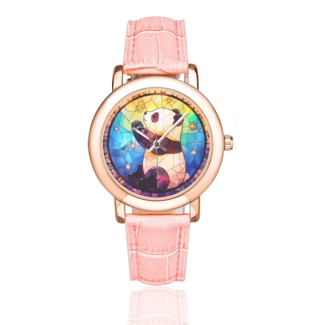 Cute Panda Watch With Rose Gold Plated Bezel and Pink Leather Band ...