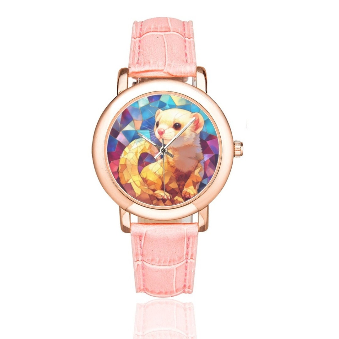 Cute Ferret Watch With Rose Gold Plated Bezel and Pink Leather Band ...