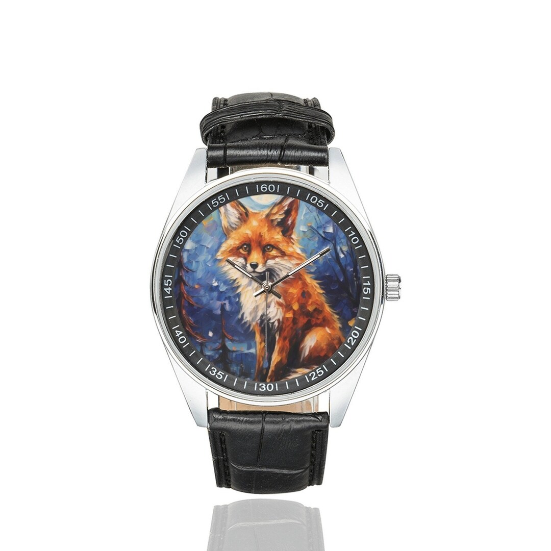 Starry Night Fox Watch With Black Leather Band, Watches for Men and ...