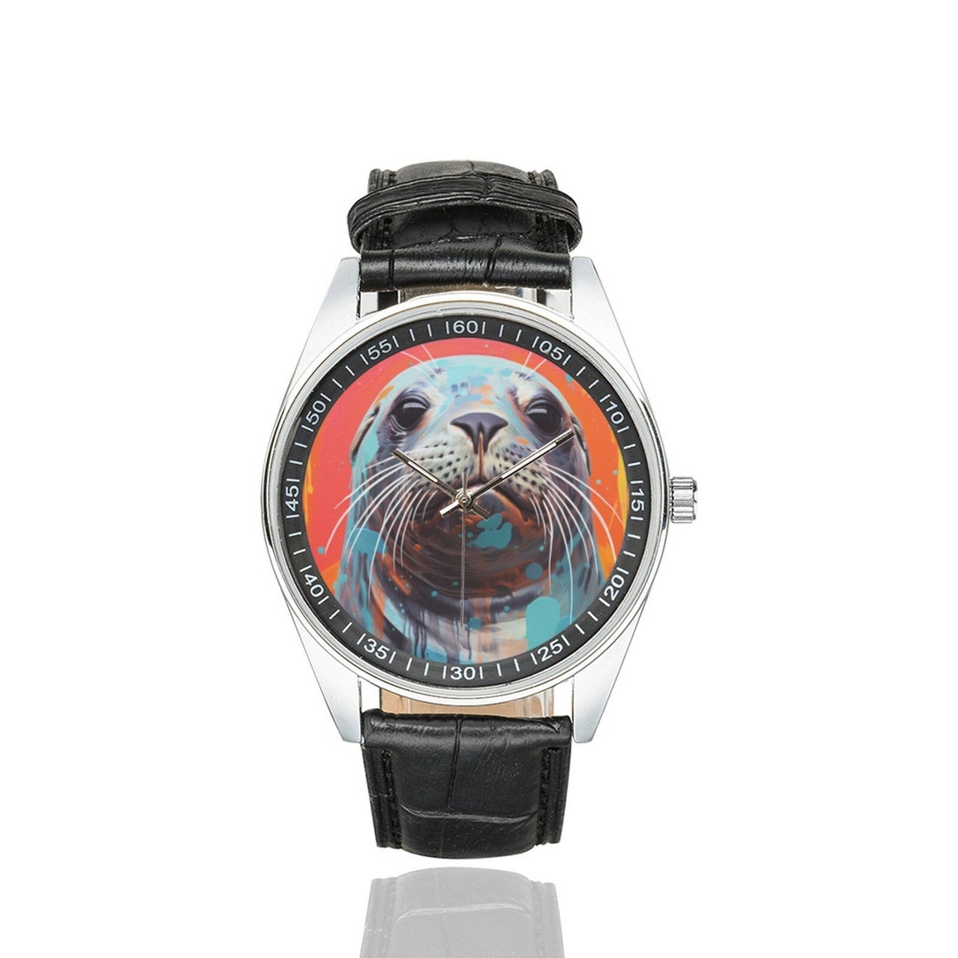 Modernist Seal Watch With Black Leather Band, Watches for Men and Women ...