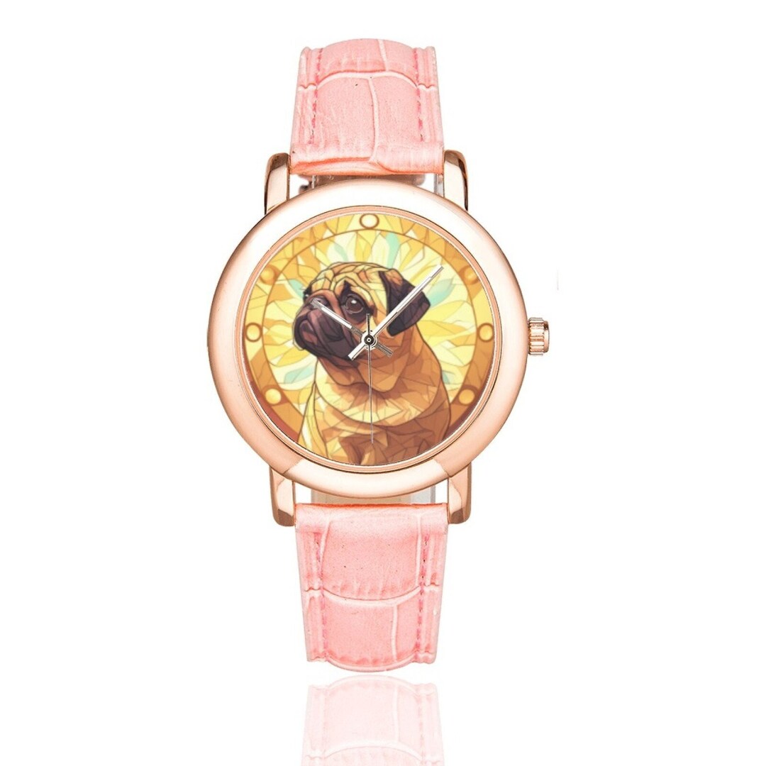 Cute Baby Pug Watch With Rose Gold Plated Bezel and Pink Leather Band ...