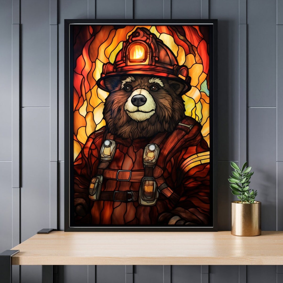 Stained Glass Bear Firefighter Wooden Jigsaw Puzzle - Etsy