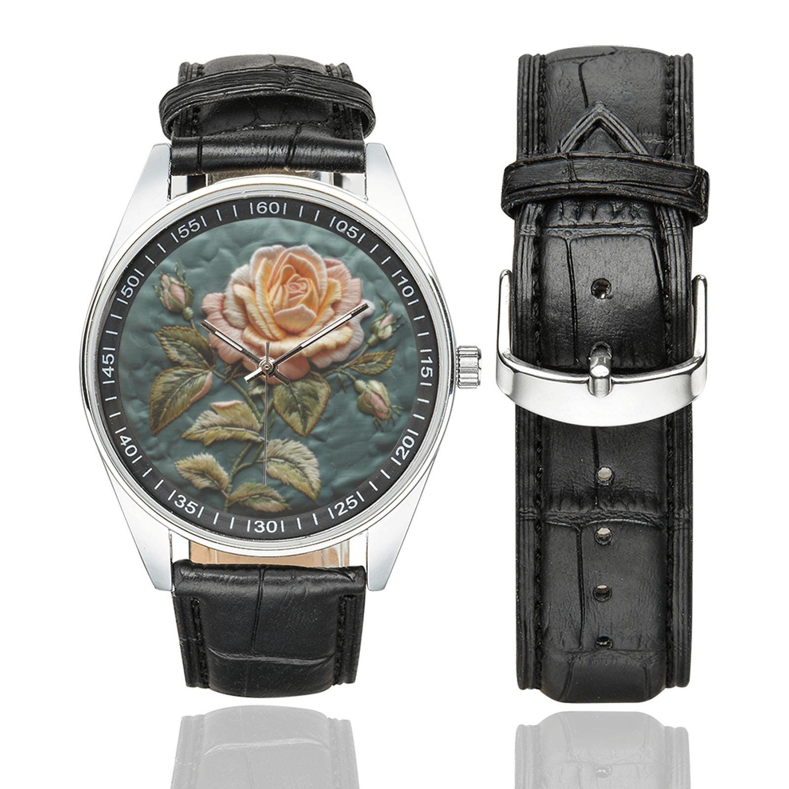 Pink Rose Embroidery Watch With Black Leather Band, Watches for Men and ...