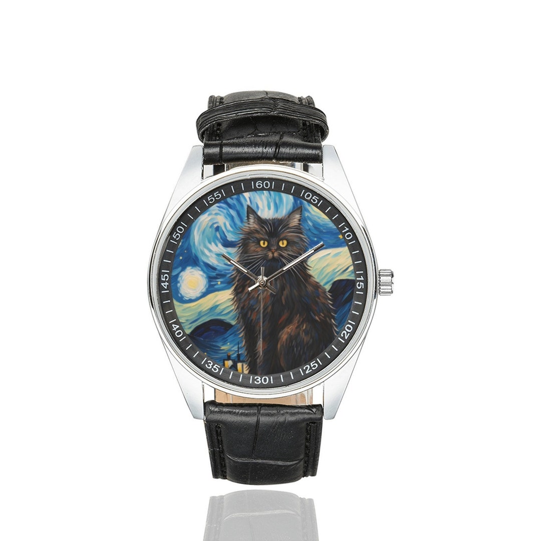 Starry Night Persians Cat Watch With Black Leather Band, Watches for ...