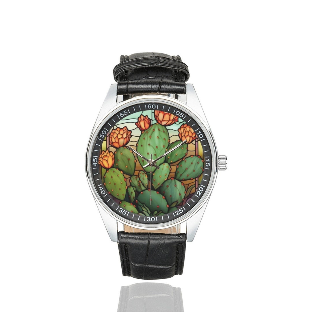 Stained Glass Prickly Pear Watch With Black Leather Band, Watches for ...