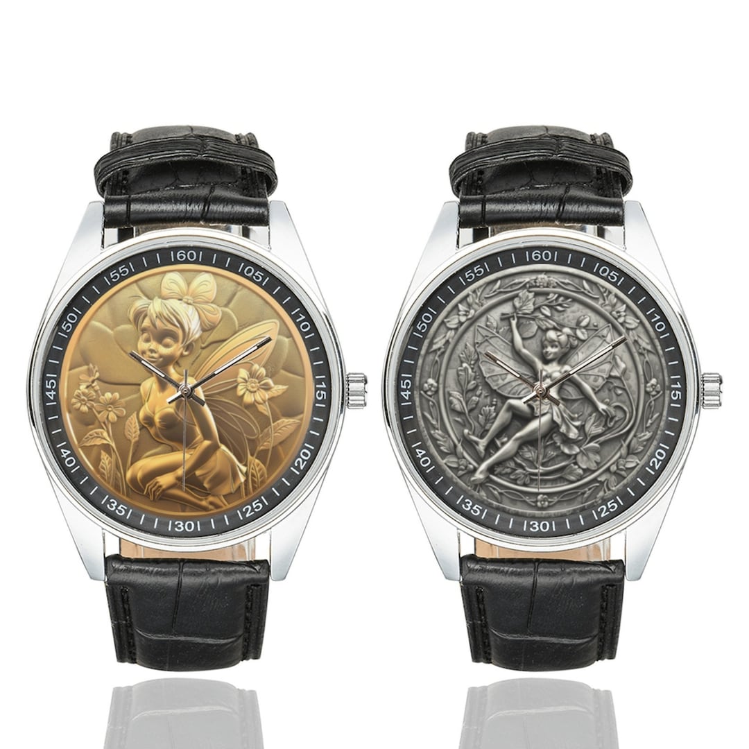 Gold and Silver Medal Tinker Bell Watch With Black Leather Band, Coin Collecting Watches for Men ...