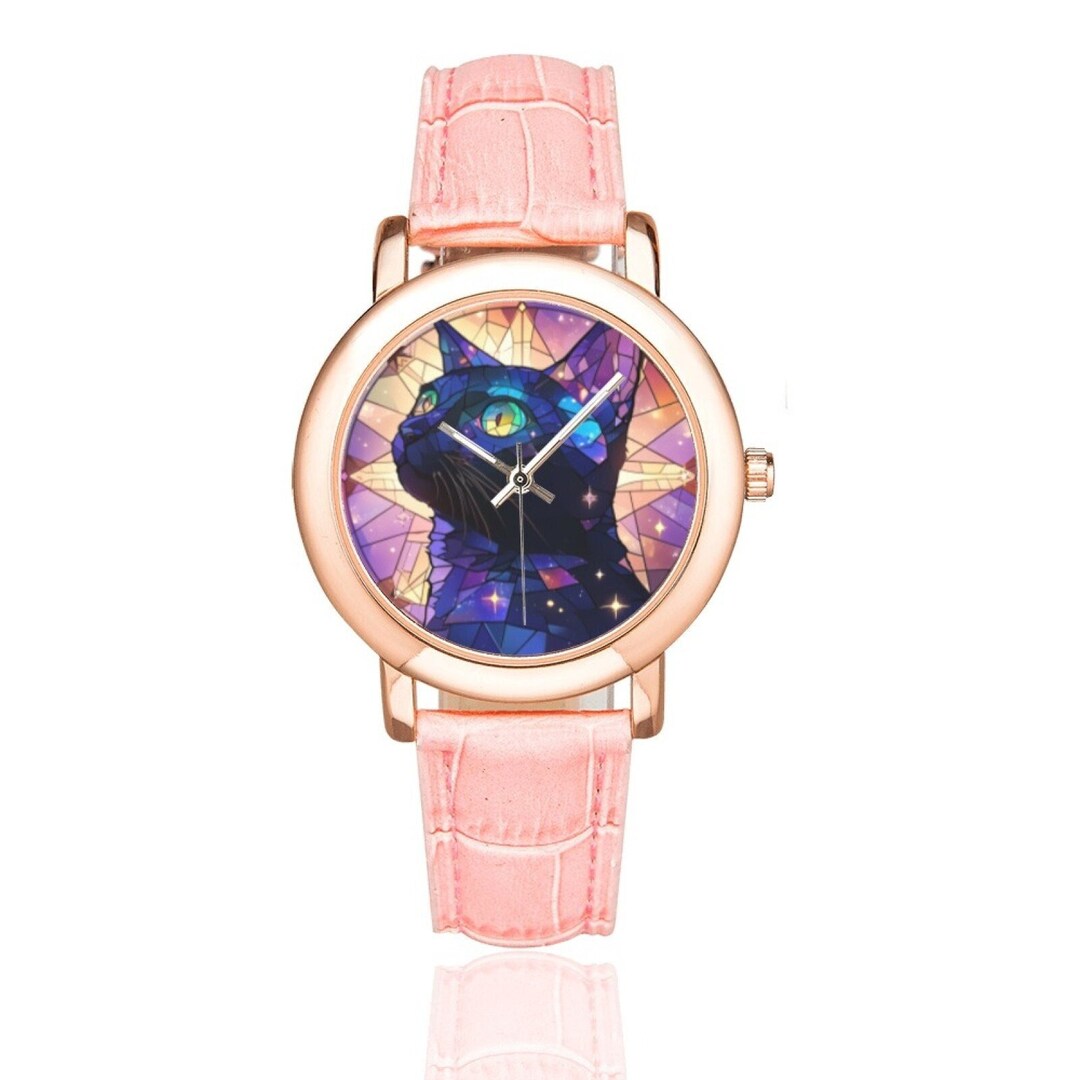 Fancy Black Cat Watch With Rose Gold Plated Bezel and Pink Leather Band ...