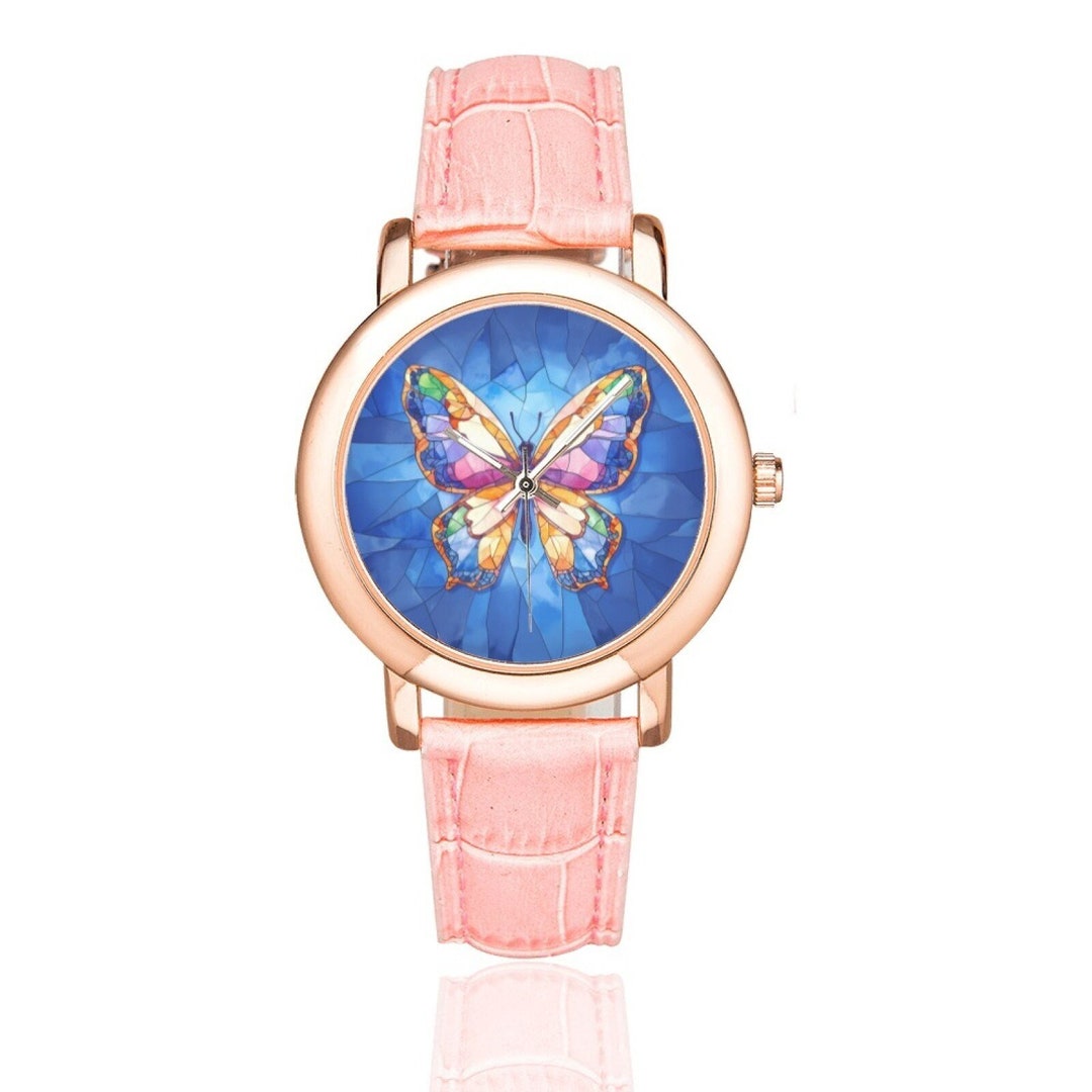 Cute Butterfly Watch With Rose Gold Plated Bezel and Pink Leather Band ...
